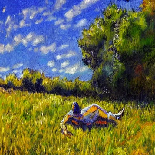 knight lying down on grassy hill on sunny day metal | Stable Diffusion ...