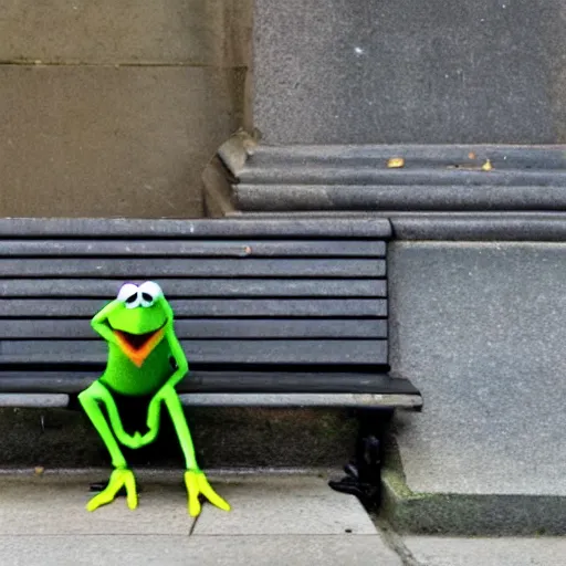 homeless Kermit the frog down on his luck sitting on a | Stable ...