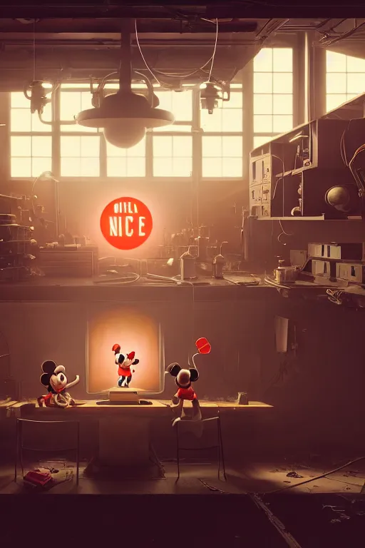 mechanics operating mickey mouse in abandoned science | Stable Diffusion