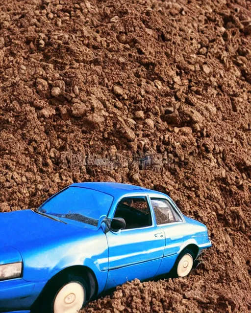 a blue car parked in front of a pile of dirt, a stock | Stable ...