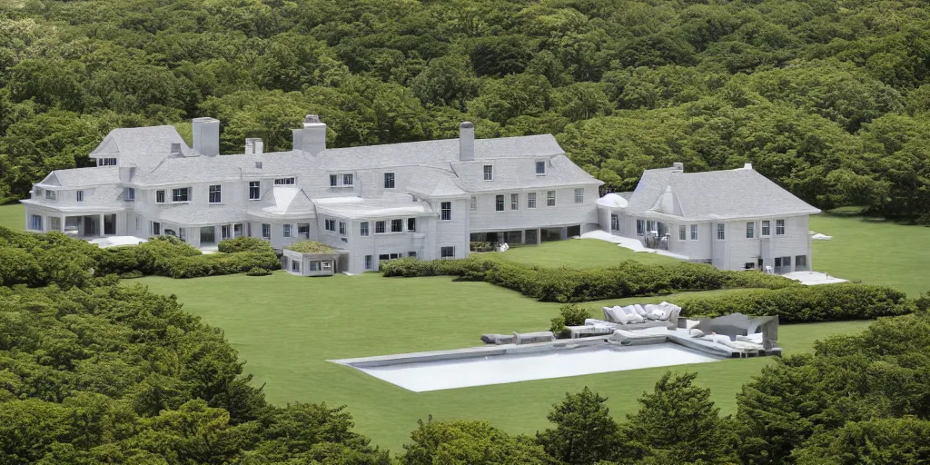 grey wooden cape cod hamptons mansion next to body of | Stable Diffusion