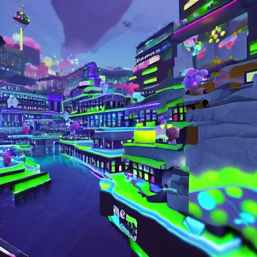 a landscape in the night of video game splatoon 3, | Stable Diffusion