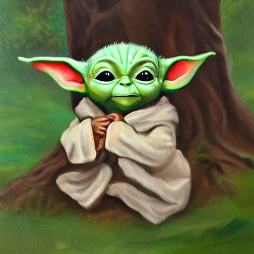 painting of a cute baby yoda in the woods hiding | Stable Diffusion ...