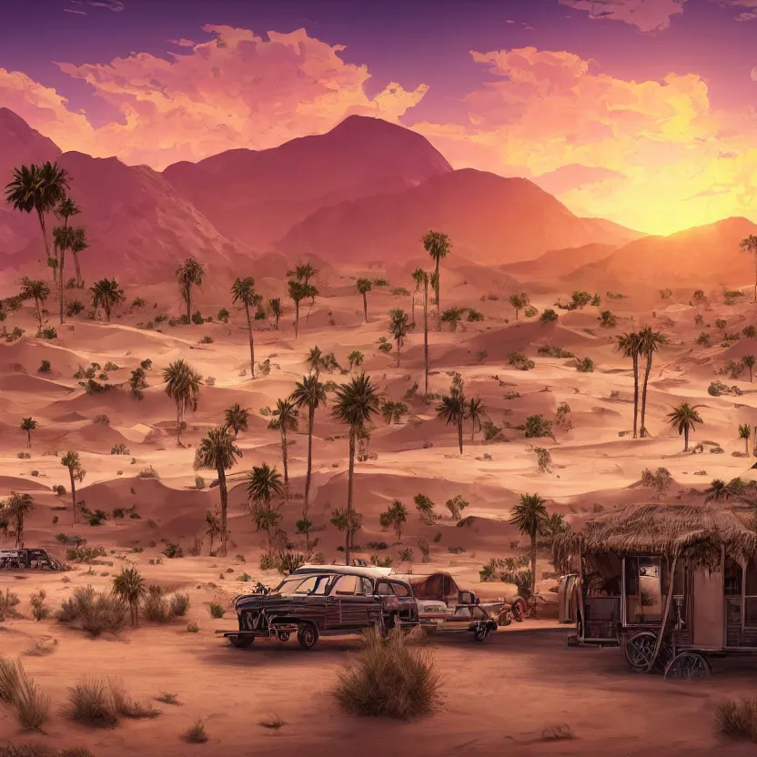 ancient desert town, palm trees, caravan, sand dunes, | Stable Diffusion