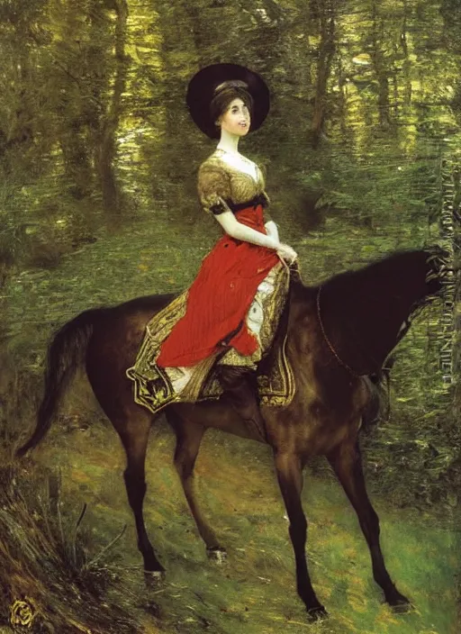 A Princess With Long Hair And A Tall Cone Hat Riding Stable Diffusion