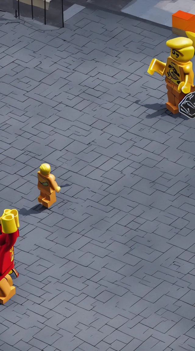hyperrealistic giant lego man walking through street, | Stable Diffusion