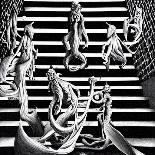 a fantasy painting of three demons walking up stairs | Stable Diffusion ...