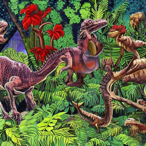 Dinosaurs eating berry trees in the jungle tundrawp. | Stable Diffusion ...