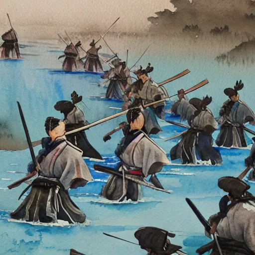 detailed watercolor painting of samurai marching down | Stable ...