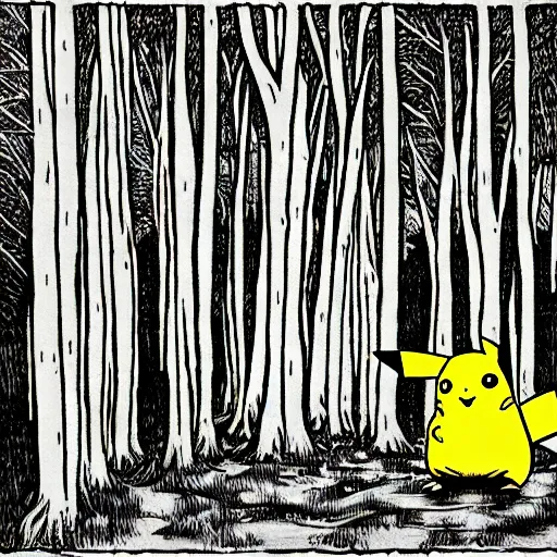 Pikachu alone in a forest by Junji Ito, scary, horror, | Stable ...
