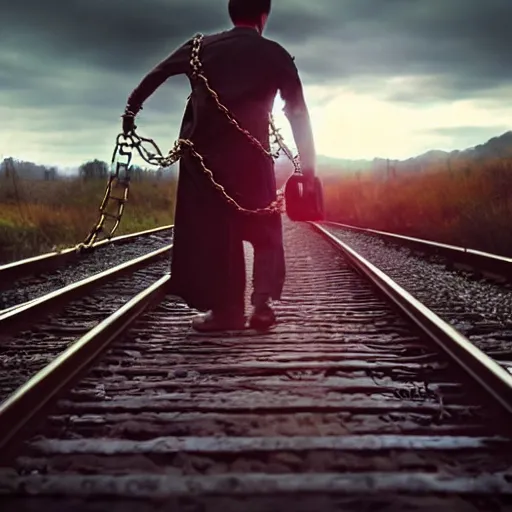 justin sun wearing rope and chains on train tracks,, | Stable Diffusion ...
