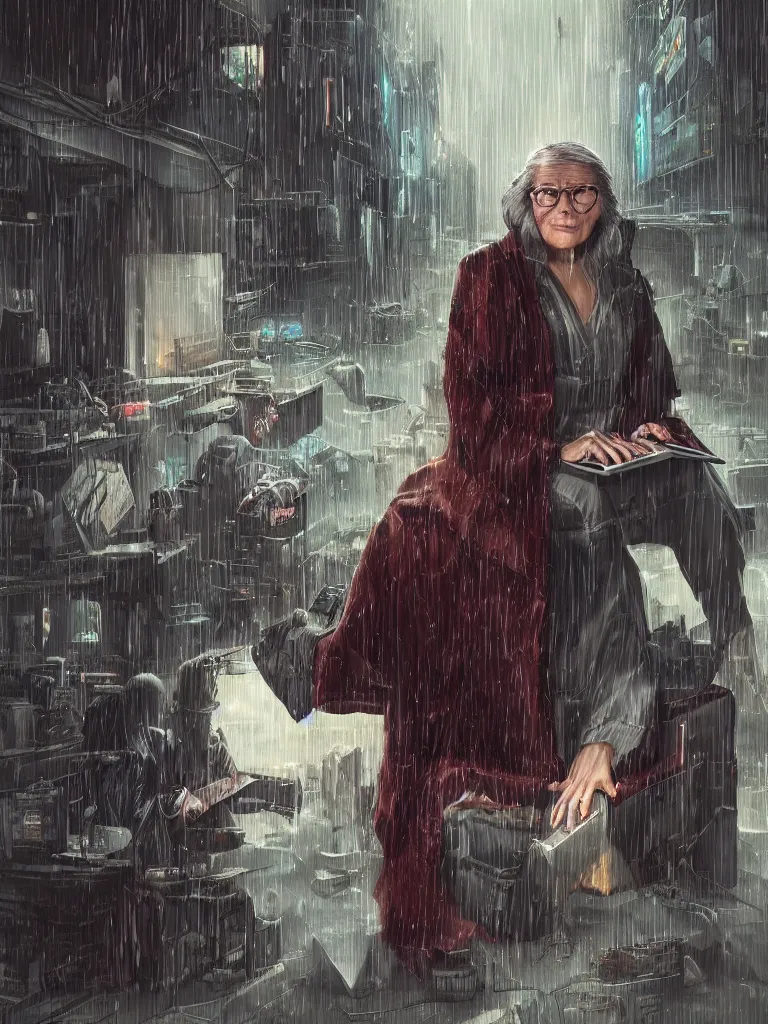 a three-quarters shot of a techno wizard grandma | Stable Diffusion