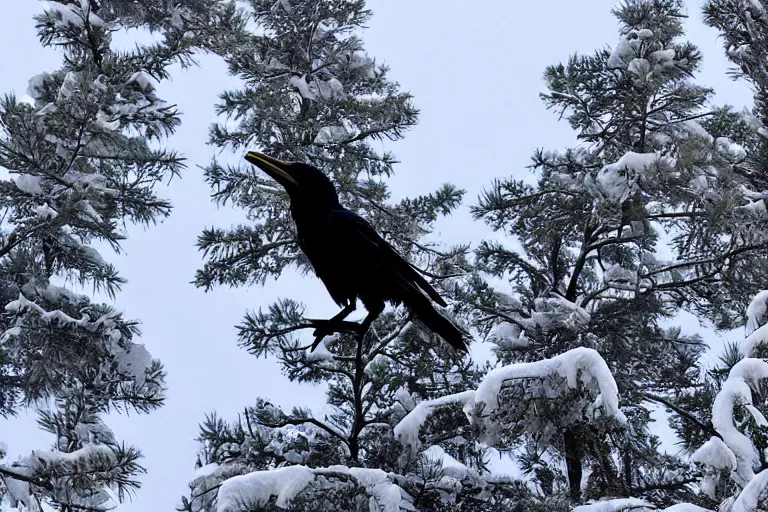 many ravens stopped on the snow covered pine trees. | Stable Diffusion ...
