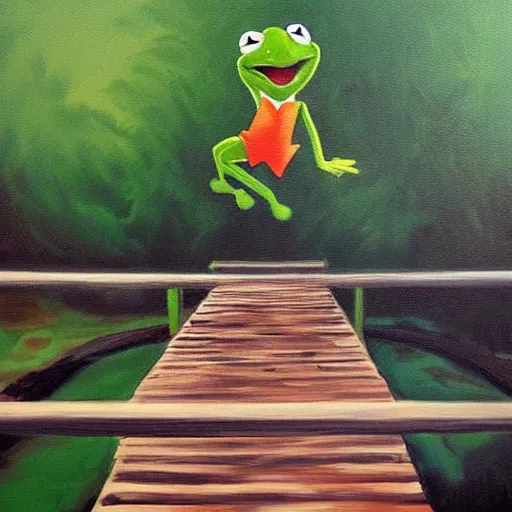 “Bob Ross painting of Kermit the Frog jumping off of a | Stable ...