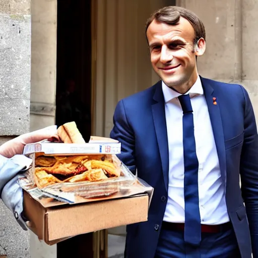 a barefoot emmanuel macron giving food to the poor | Stable Diffusion