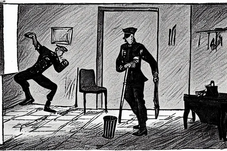 a new yorker style cartoon of a soldier cleaning a room | Stable Diffusion