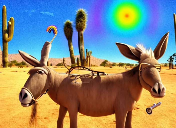 shrek, dressed in cowboy attire, riding a donkey into | Stable ...