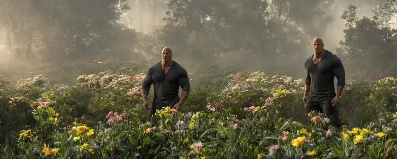 dwayne johnson surrounded by flowers at dawn, foggy, | Stable Diffusion