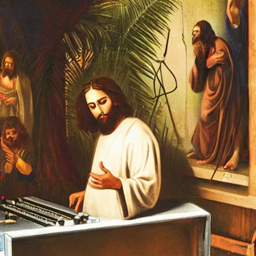 jesus is the Disk Jockey in a seedy nightclub in new | Stable Diffusion ...