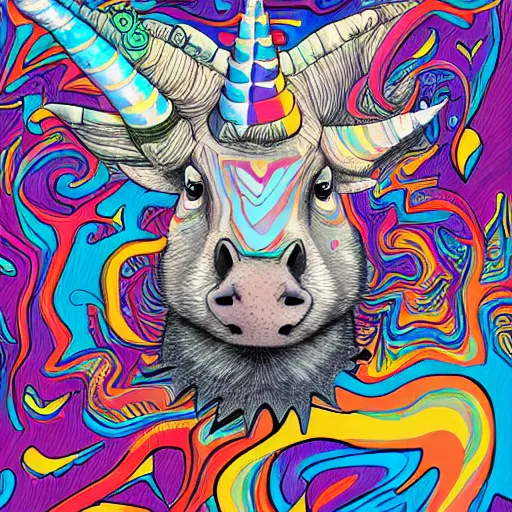 trippy comic art of a unicorn horned pig with white | Stable Diffusion ...