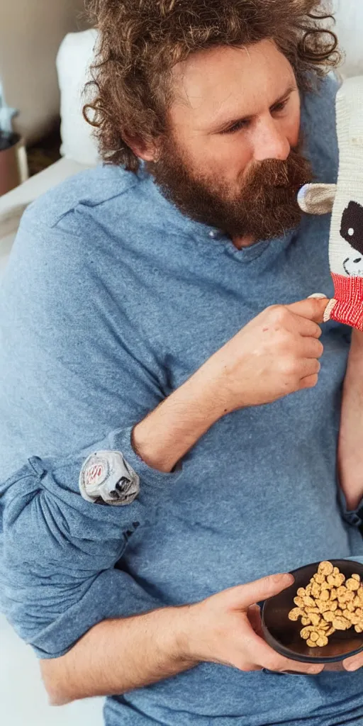 a man eating cereal out of a sock that is made from, | Stable Diffusion ...