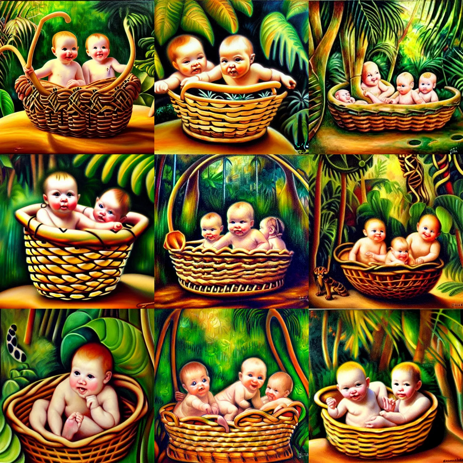babies in a basket in the jungle by gaudi, hd, oil | Stable Diffusion | OpenArt