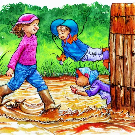 boot splashing in the mud, children's book | Stable Diffusion | OpenArt