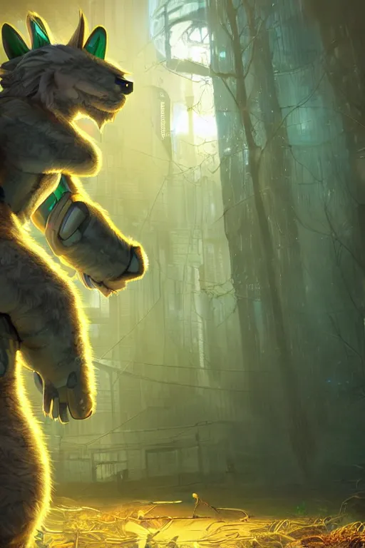 a cyberpunk furry with a fluffy tail in a forest, | Stable Diffusion ...