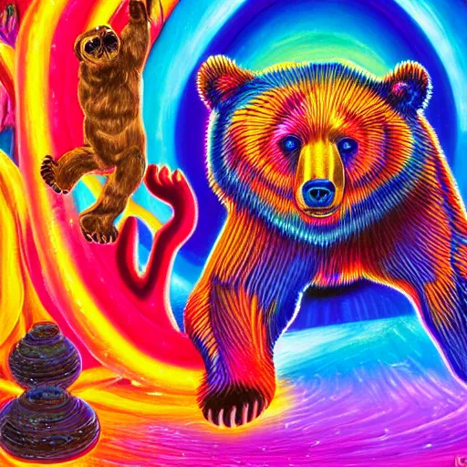bear spinning fire poi, painted by lisa frank, alex | Stable Diffusion ...