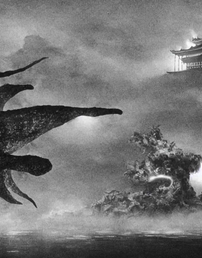 a filmstill of a north korean monster movie, kaiju - | Stable Diffusion