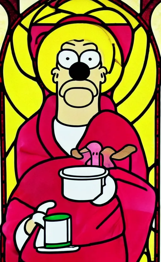 stained glass of Saint Homer Simpson, wearing a robe, | Stable ...