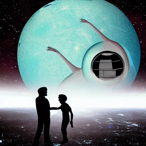 alien and human hugging in front of a spacecraft | Stable Diffusion ...