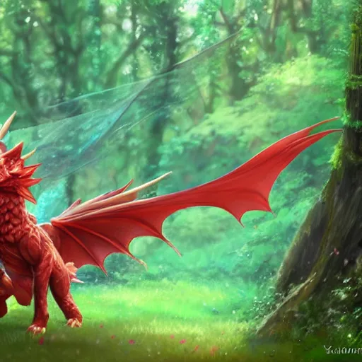 handsome cute fire red dragon in verdant forest, dnd | Stable Diffusion