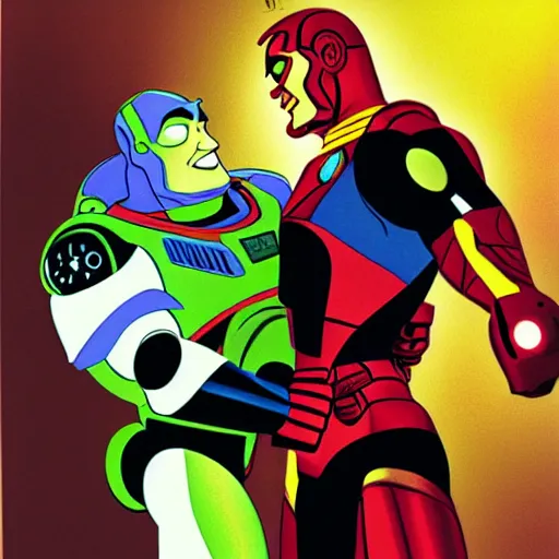 Buzz Lightyear breastfeeding Iron Man, art by John | Stable Diffusion