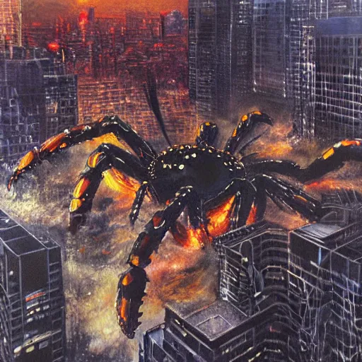 a realistic painting of a giant spider destroying | Stable Diffusion ...