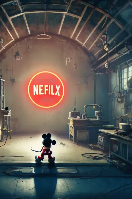 mechanics operating mickey mouse in abandoned science | Stable Diffusion