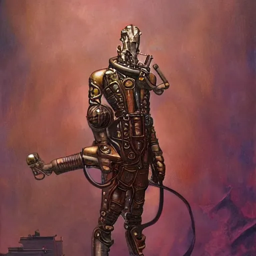 bronze steampunk android that emits purple fog, by | Stable Diffusion ...
