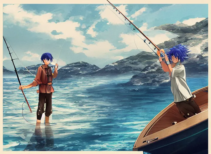 inexperienced boatman fishing on his boat, anime | Stable Diffusion