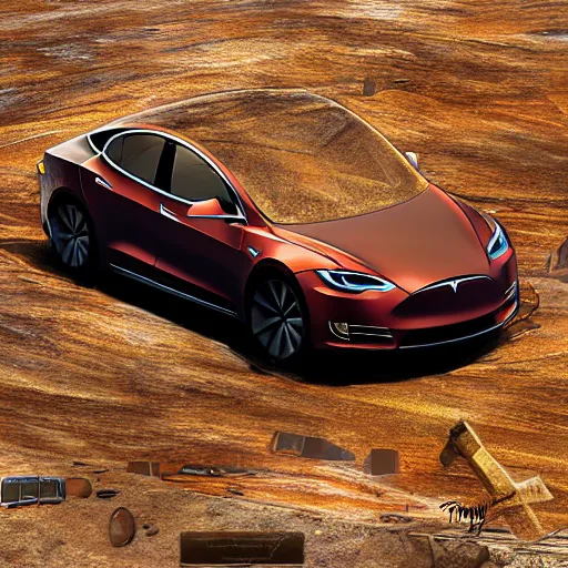 tesla car standing on a cliff rusted at the end of the | Stable Diffusion