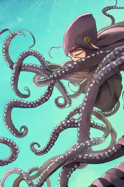 key anime visuals of an octopus ninja, fighting with a | Stable Diffusion