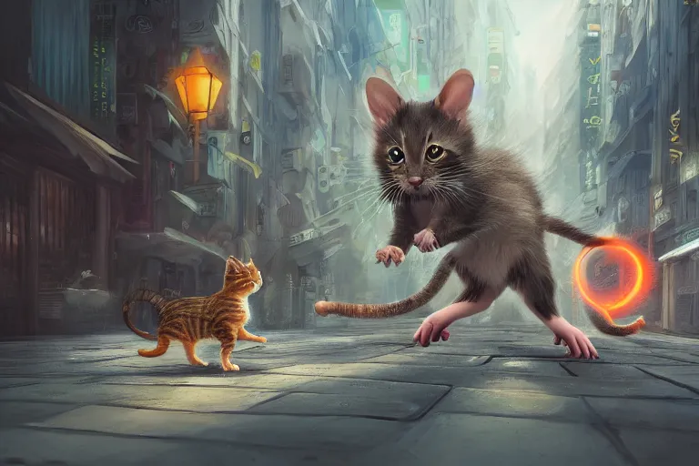 a giant rat chasing a very small kitten in the middle | Stable ...