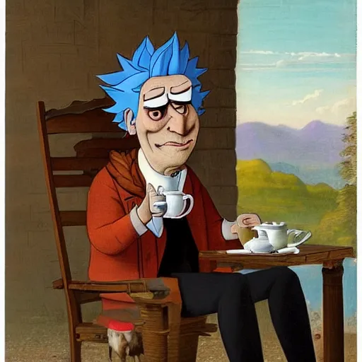 rick sanchez sits on a chair behind a coffee salt on | Stable Diffusion ...