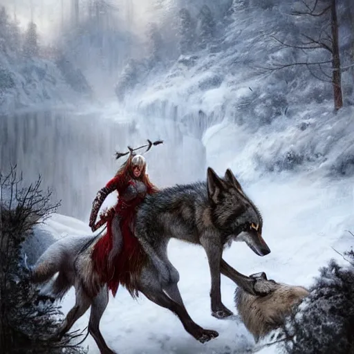 a woman wearing wolf head pauldrons and a red wolf's | Stable Diffusion