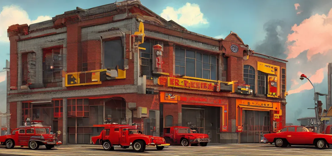 retro fire station concept art, colorful, 8 k | Stable Diffusion