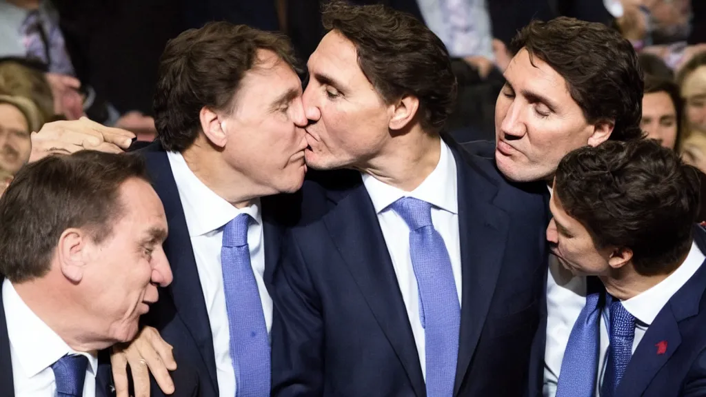 François Legault kissing Justin Trudeau on the mouth | Stable Diffusion