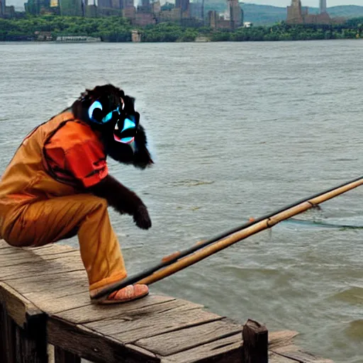 photo of monkey fishing in Hudson river, with the city | Stable ...