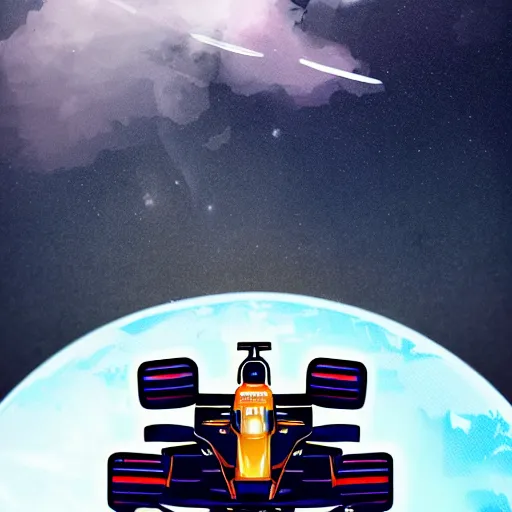 A formula 1 car orbiting around Earth in space, | Stable Diffusion