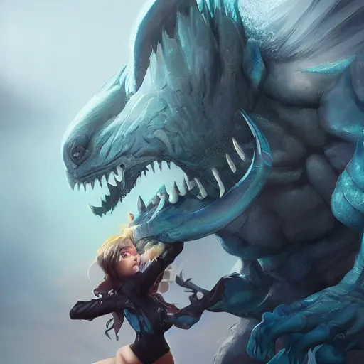 a beautiful monster tamer commands her tamed monster, | Stable Diffusion