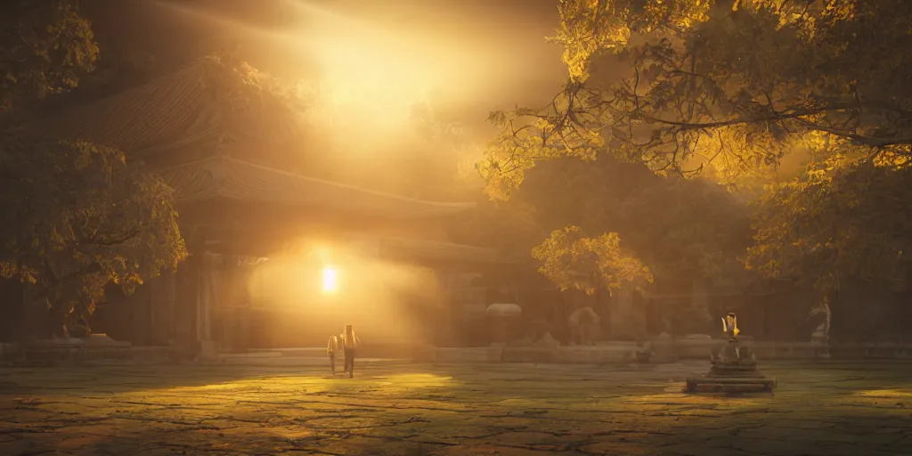A yellow rabbit, temple, sunset, Tyndall rays, low | Stable Diffusion ...