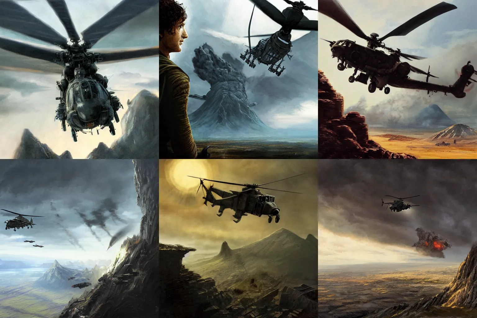 Frodo in LOTR flying in an Apache Helicopter over | Stable Diffusion | OpenArt